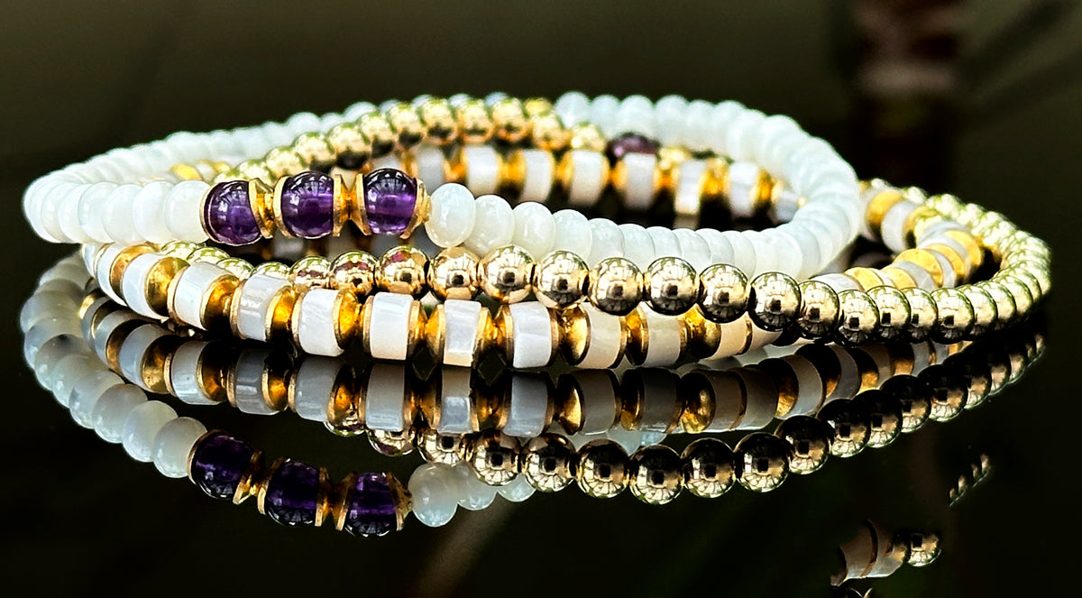 High-End Amethyst w/ Mother of Pearl and 14kt Gold Men's Bracelet Stack ...